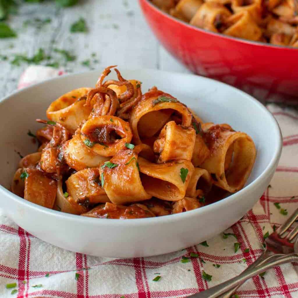 Calamarata Pasta with Calamari and Rich Tomato Sauce