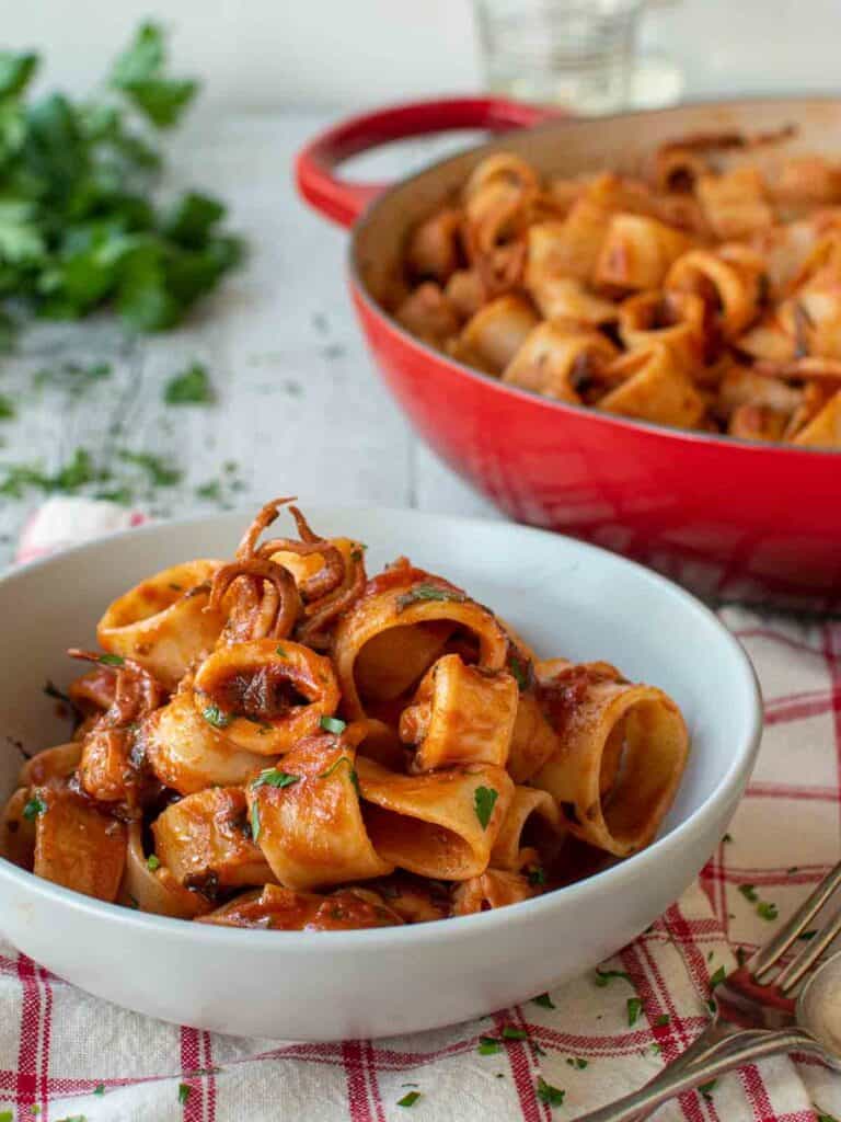 Calamarata Pasta with Calamari and Rich Tomato Sauce